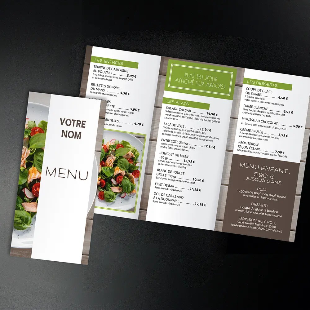 Dépliant Menu Papier A4 plié 3 volets Photo | Impression Menu