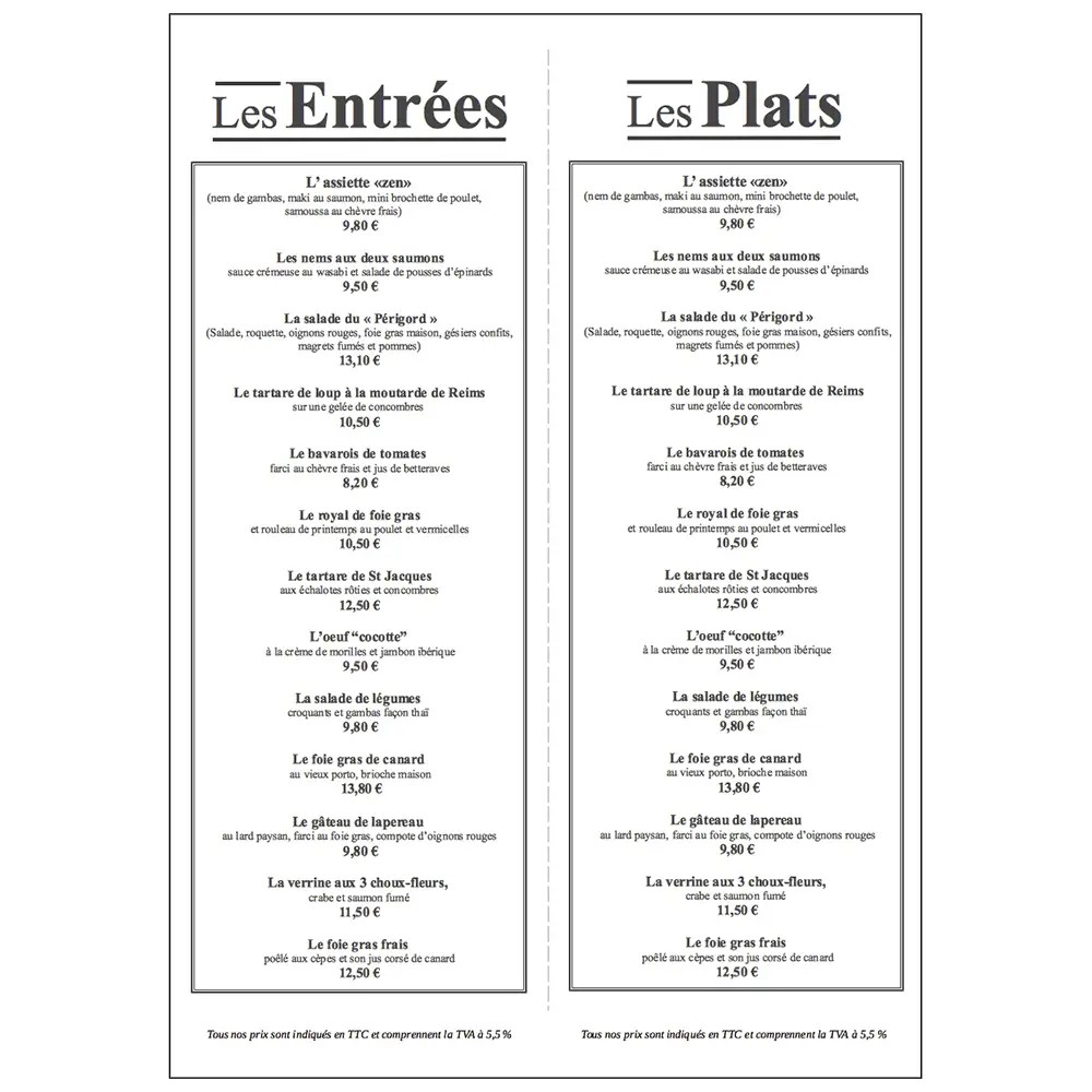 Modèle gratuit Menu Demi A4 Auberge | Impression Menu